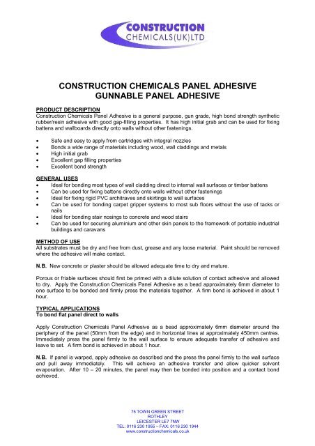 Panel Adhesive Health & Safety & Technical Data Sheet
