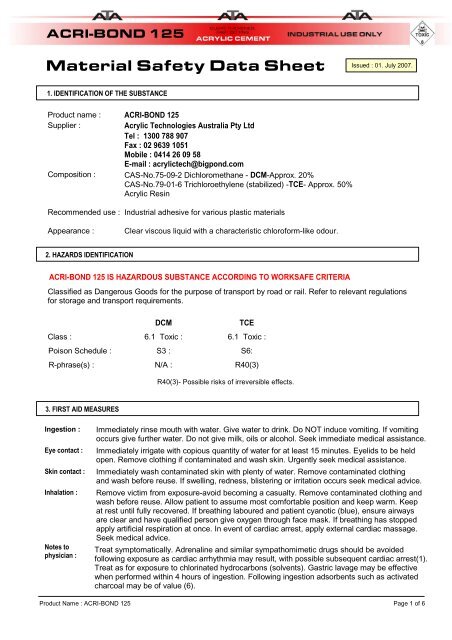 ACRI-BOND 125 - MSDS - Award Plastics & Displays
