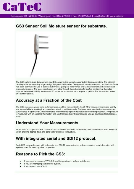 GS3 Sensor Soil Moisture sensor for substrate. Accuracy at a ...