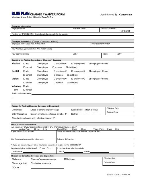 Blue Change Waiver Form - Western Area Schools Health Benefit Plan
