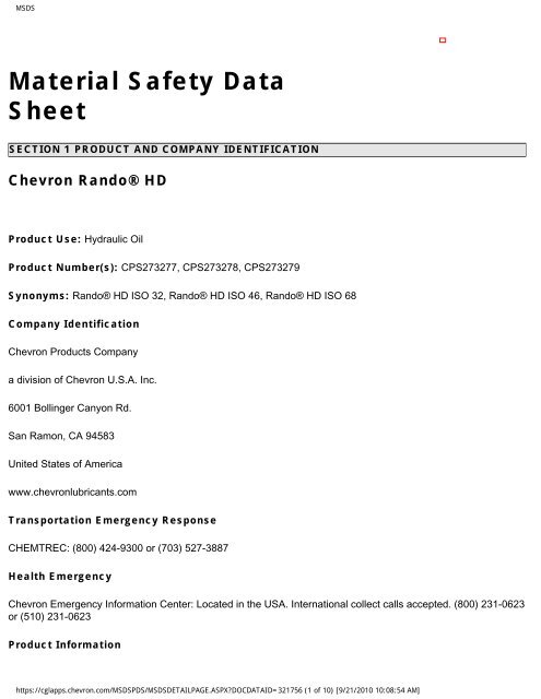 Chevron Rando HD ISO 46 MSDS - American Piledriving Equipment