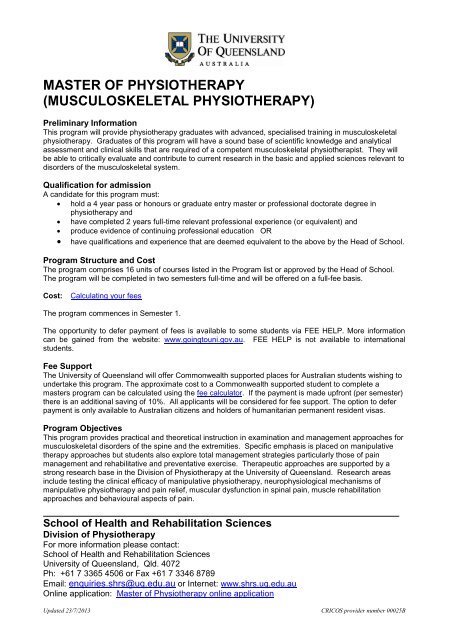 Information sheet - School of Health & Rehabilitation Sciences