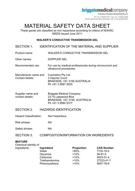 MATERIAL SAFETY DATA SHEET - Briggate Medical Company