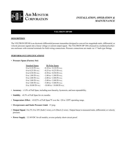 installation, operation & maintenance - Air Monitor Corporation