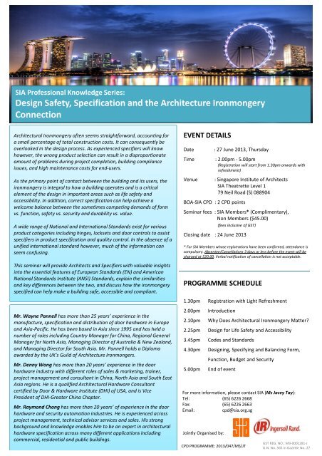 Design Safety, Specification and - SIA Member Site - Singapore ...