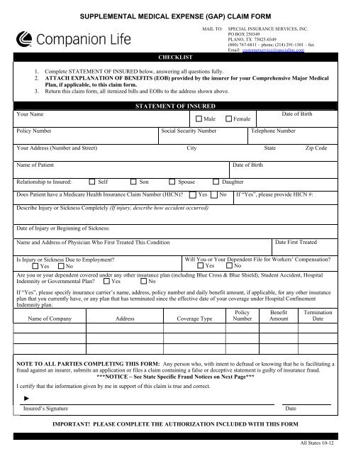 claim form - Special Insurance Services