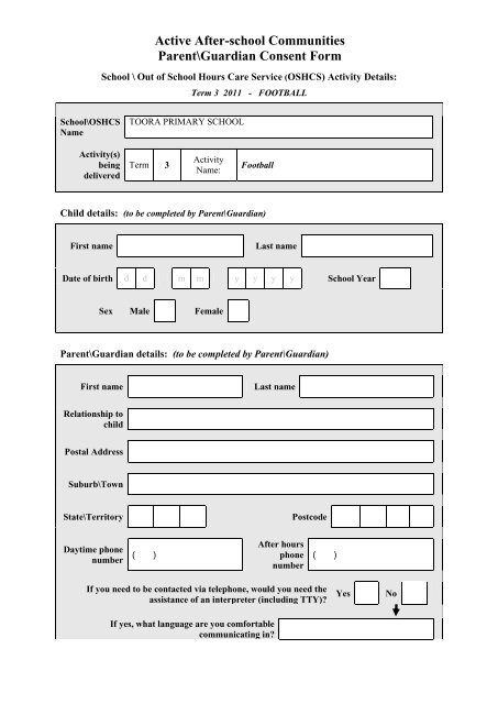 Active After-school Communities Parent\Guardian Consent Form