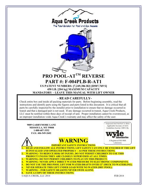 Pro Pool Lift Reverse Manual - Aqua Creek Products
