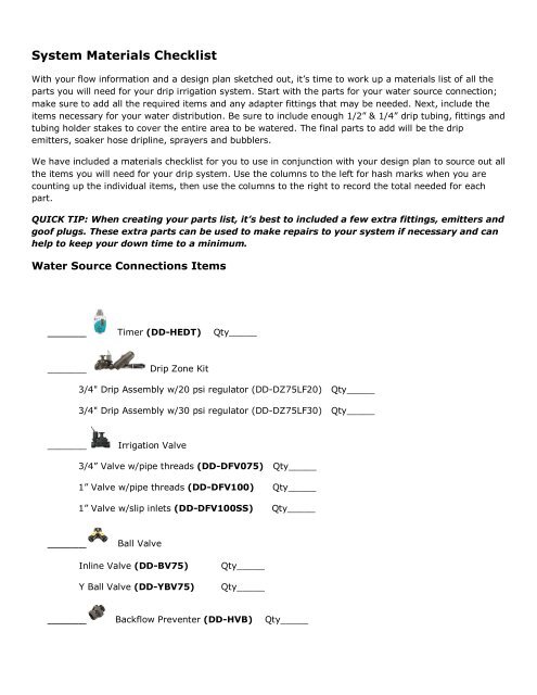 System Materials Checklist - Irrigation Direct