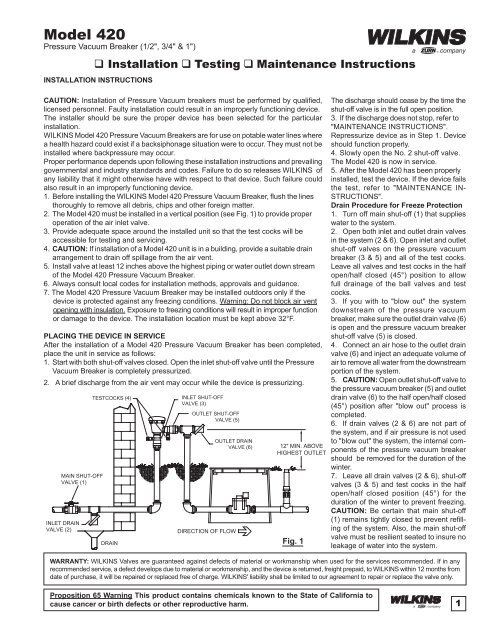 Wilkins 420 Series 3/4" & 1" Pressure Vacuum ... - Irrigation Direct