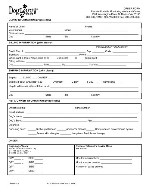 ORDER FORM Remote/Portable Monitoring Vests and ... - DogLeggs