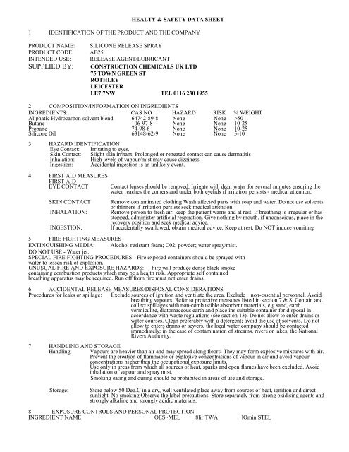 Silicone Lubricant Health & Safety & Technical Data Sheet