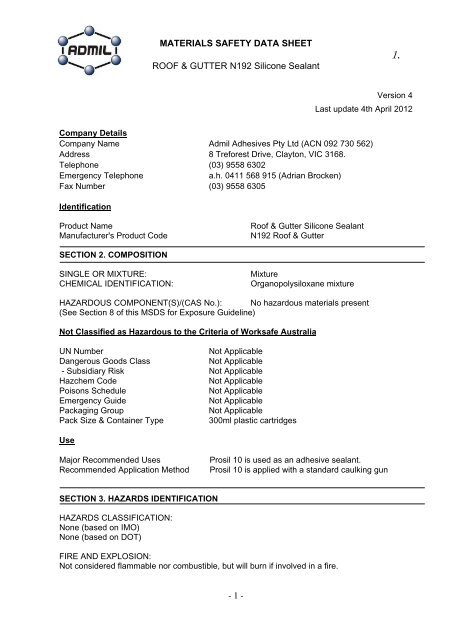 MATERIALS SAFETY DATA SHEET - Admil Adhesives