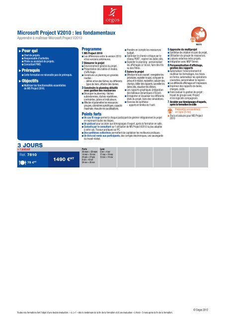 Microsoft Project V2010 : les fondamentaux 3 jours - Cegos