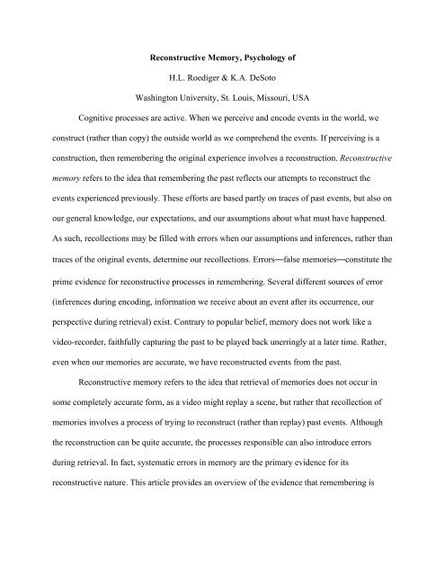 Reconstructive Memory, Psychology of H.L. Roediger & K.A. DeSoto ...