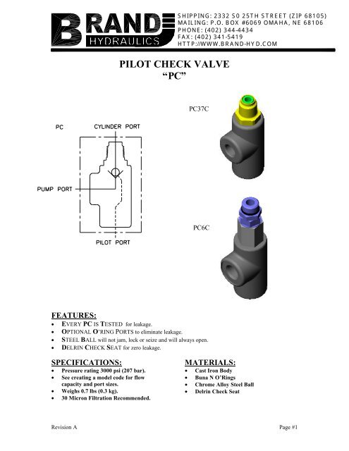 PILOT CHECK VALVE â PCâ - Fluid Power