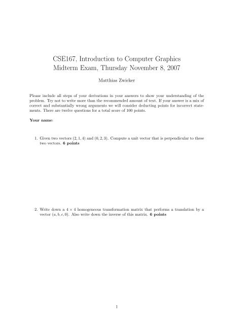 CSE167, Introduction to Computer Graphics Midterm Exam ... CSE167, Introduction to Computer Graphics Midterm Exam ...