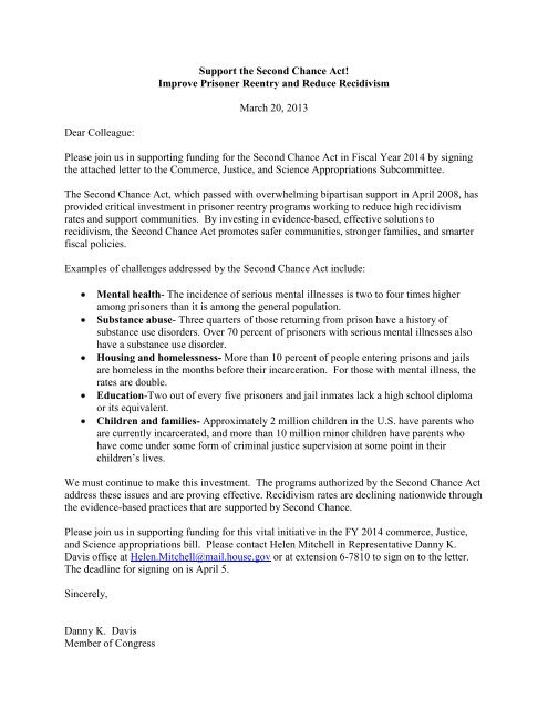 Letter in support of continued funding for the Second Chance Act
