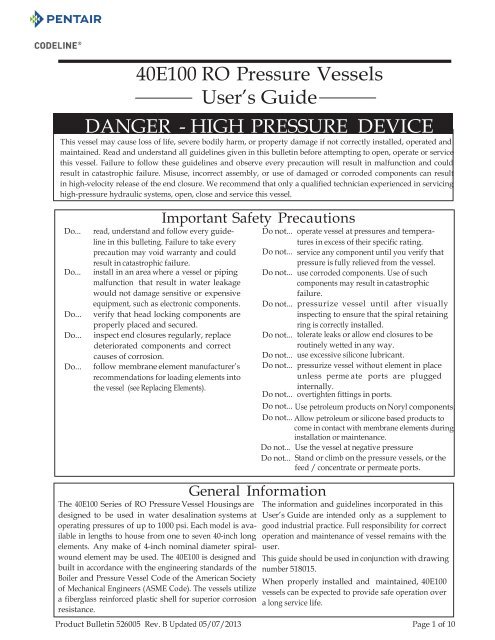 40E100 RO Pressure Vessels User's Guide ... - Pentair Codeline