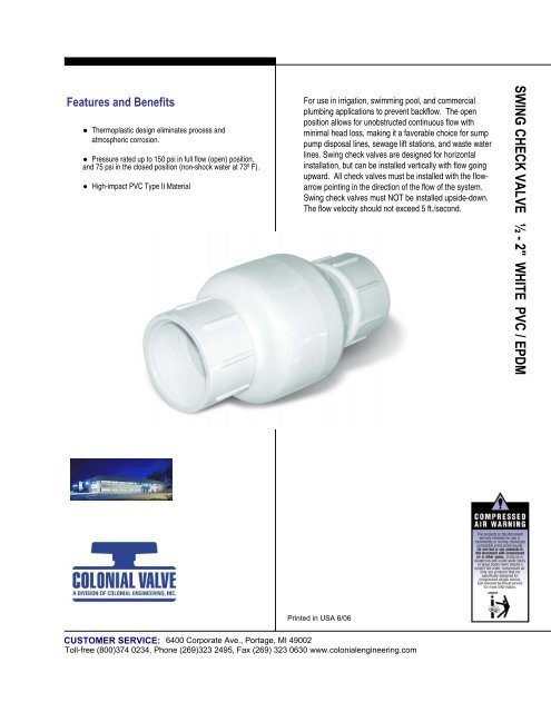 Swing Check Valve, White - Colonial Engineering