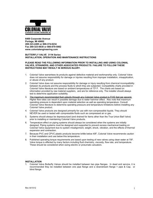 311N Butterfly Valve - Colonial Engineering