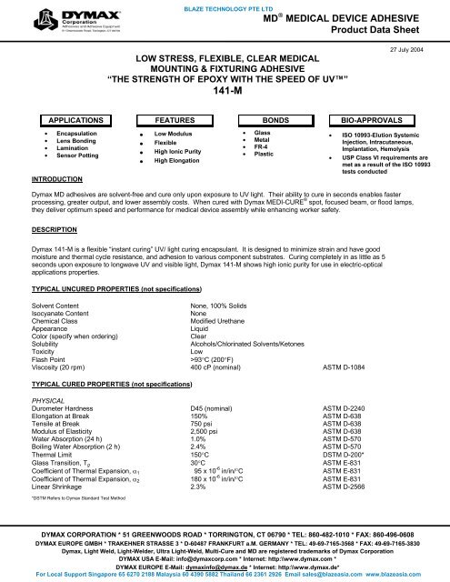 MD MEDICAL DEVICE ADHESIVE Product Data Sheet - Blaze ...