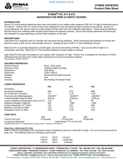DYMAX ADHESIVE Product Data Sheet - Blaze Technology Pte Ltd.