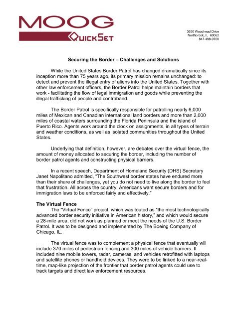 The priority mission of the Border Patrol is ... - Moog Quickset