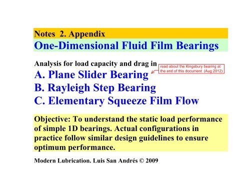 One dimensional slider bearing, Rayleigh (step)