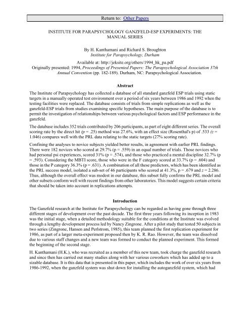 Institute for Parapsychology Ganzfeld-ESP Experiments ... - Jeksite.org