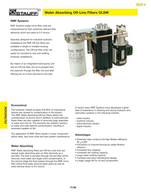 Stauff Hydraulic Filtrationâ Water Absorbing Off-Line Filters OLSW