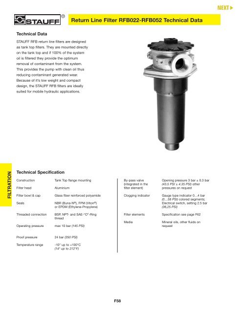 Stauff Hydraulic Filtrationâ Return Line Filter RFB022-RFB052
