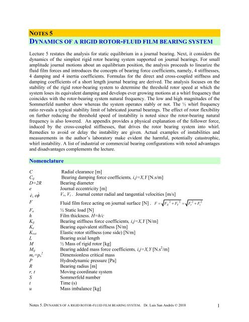 Dynamics of a simple rotor-fluid film bearing system