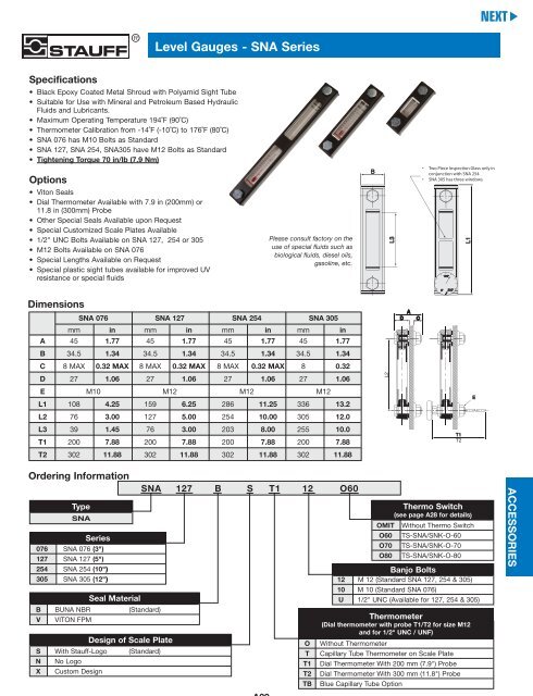 Stauff Hydraulic Accessoriesâ Level Gauges - SNA Series, SNK ...