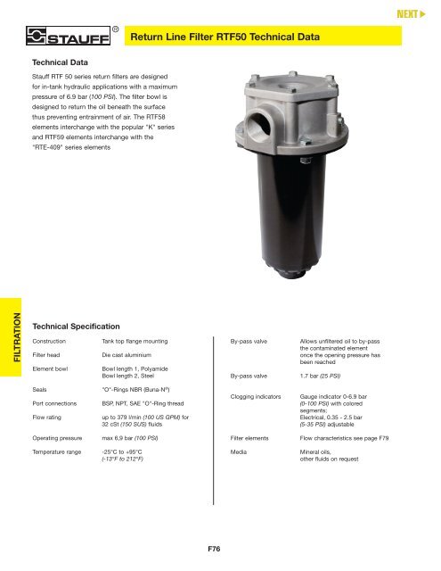 Stauff Hydraulic Filtrationâ Return Line Filter RTF50 Series
