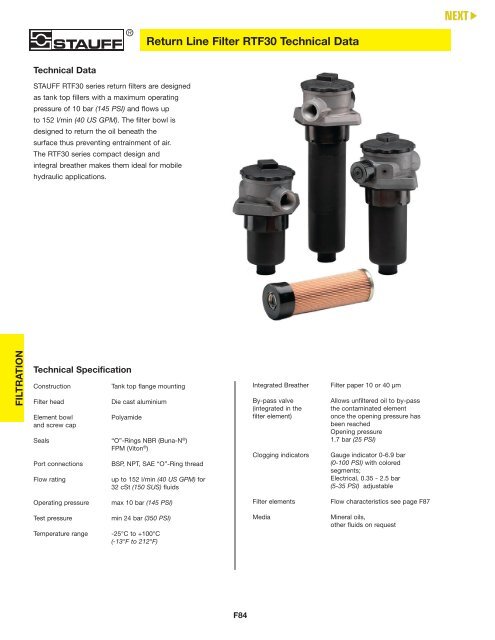 Stauff Hydraulic Filtrationâ Return Line Filter RTF30
