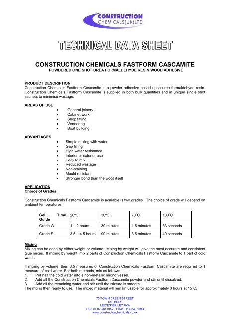 Fastform Cascamite Health & Safety & Technical Data Sheet