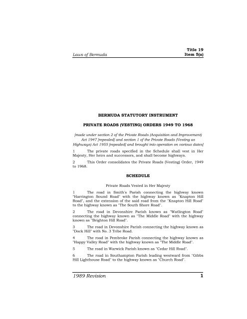 Private Roads (Vesting) Orders 1949 To 1968 - Bermuda Laws Online