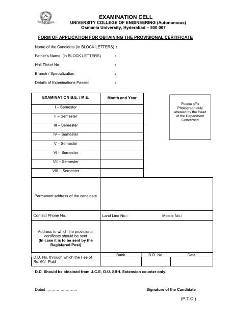 form of application for obtaining the provisional certificate