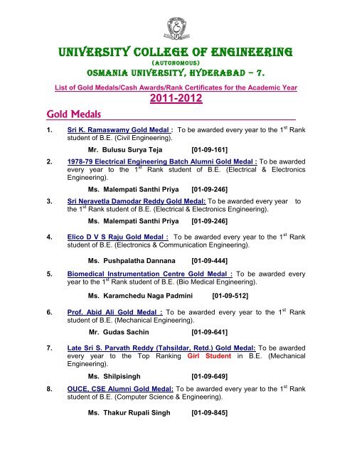 LIST OF RANKS OF B - University College Of Engineering Osmania ...