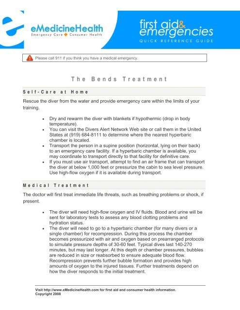 The Bends Treatment - First Aid & Emergencies Quick Reference ...