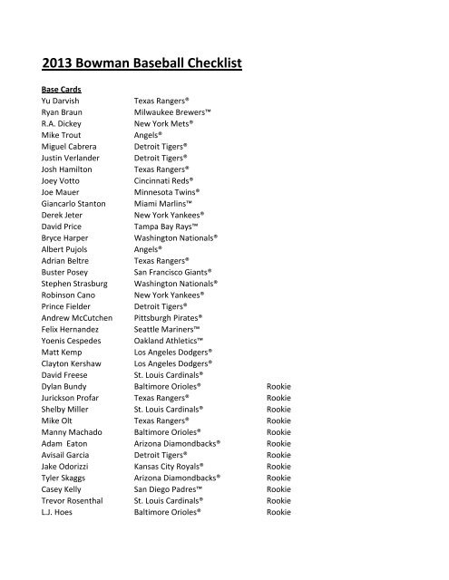 2013 Bowman Baseball Checklist - Magazine Exchange