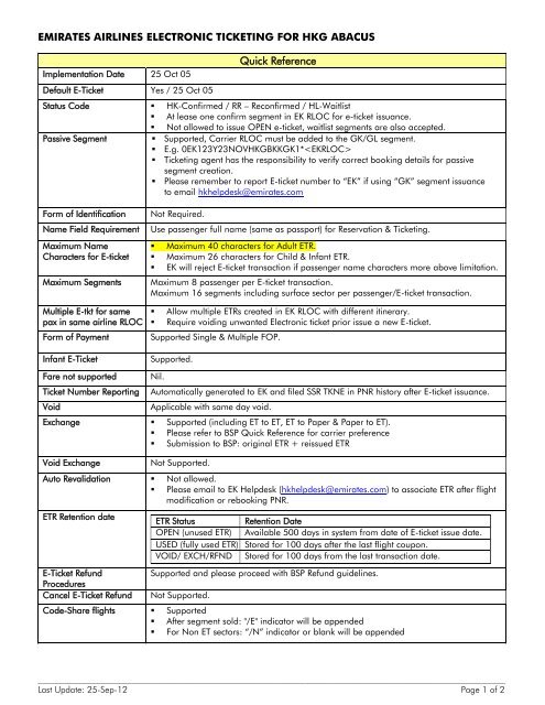 Revised* EK E-Ticket Quick Reference - Hong Kong