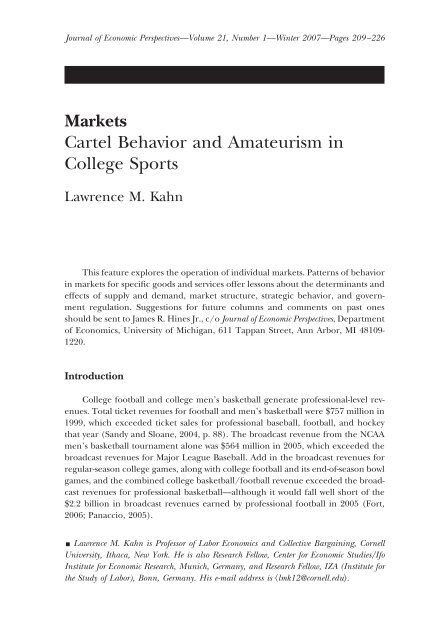 Markets: Cartel Behavior and Amateurism in College Sports