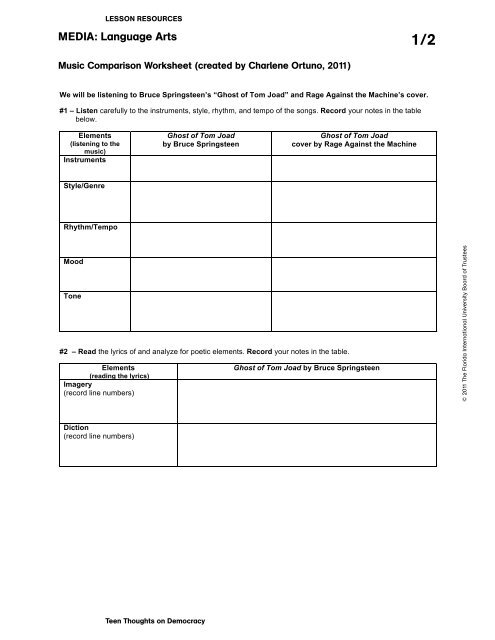 Music Comparison Worksheet - Teen Thoughts on Democracy