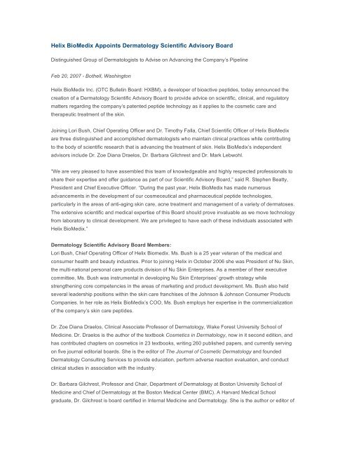 Helix BioMedix Appoints Dermatology Scientific Advisory Board