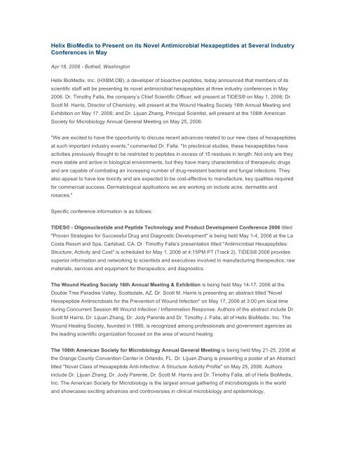 Helix BioMedix to Present on its Novel Antimicrobial Hexapeptides ...