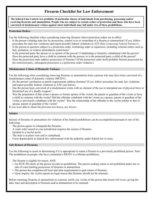 Firearm Checklist for Law Enforcement - Battered Women's Justice ...