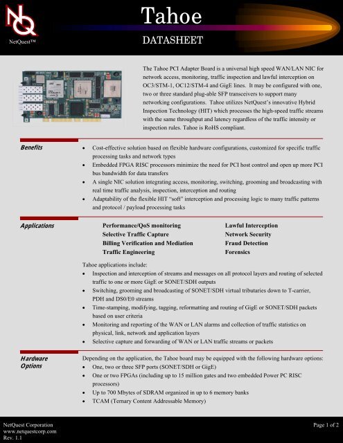Tahoe Data Sheet - NetQuest