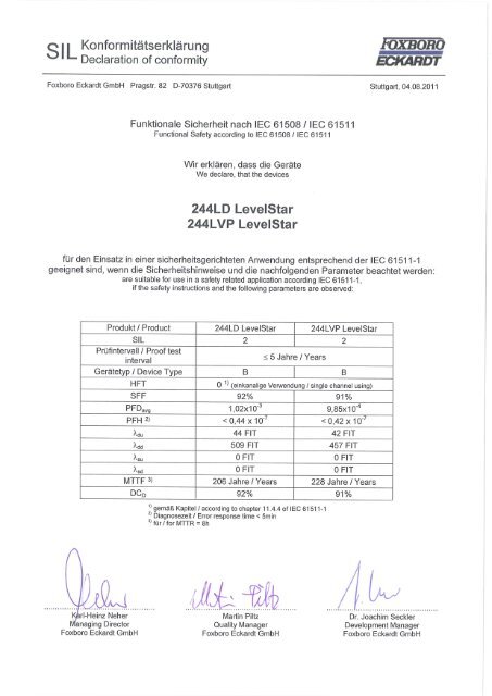 SIL2 Certificate - FOXBORO ECKARDT GmbH